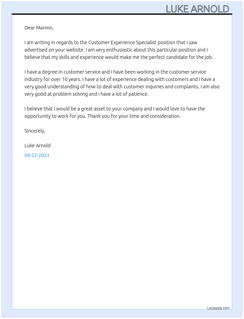 Cover letter for customer experience specialist - LazyApply