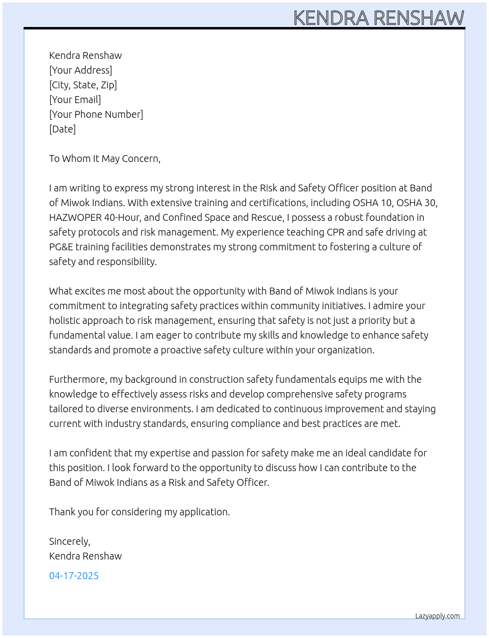 Cover letter for risk and safety officer - LazyApply