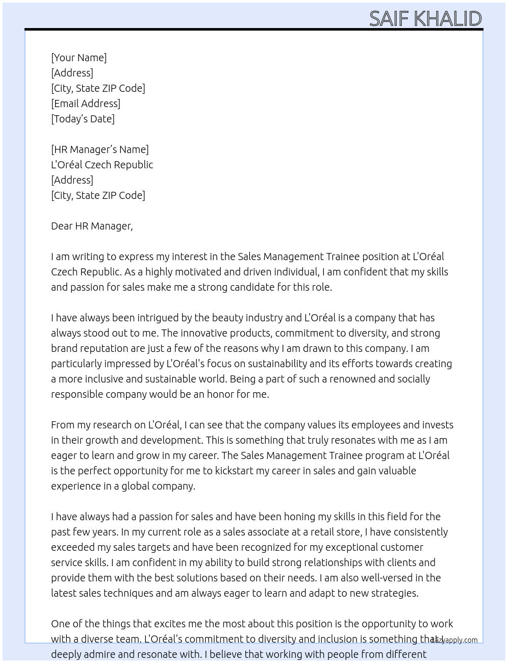 Cover letter for sales management trainee - LazyApply