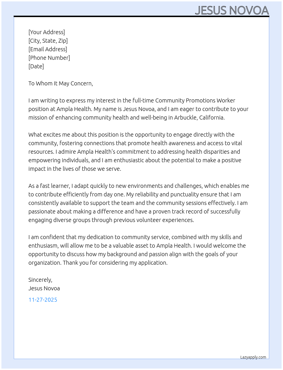 Cover letter for community promotions wokers - LazyApply