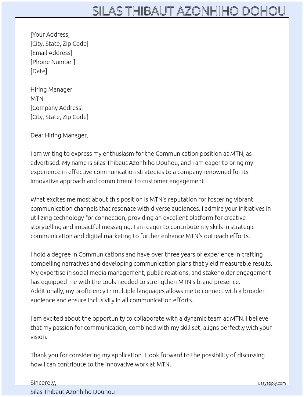 Cover letter for communication - LazyApply