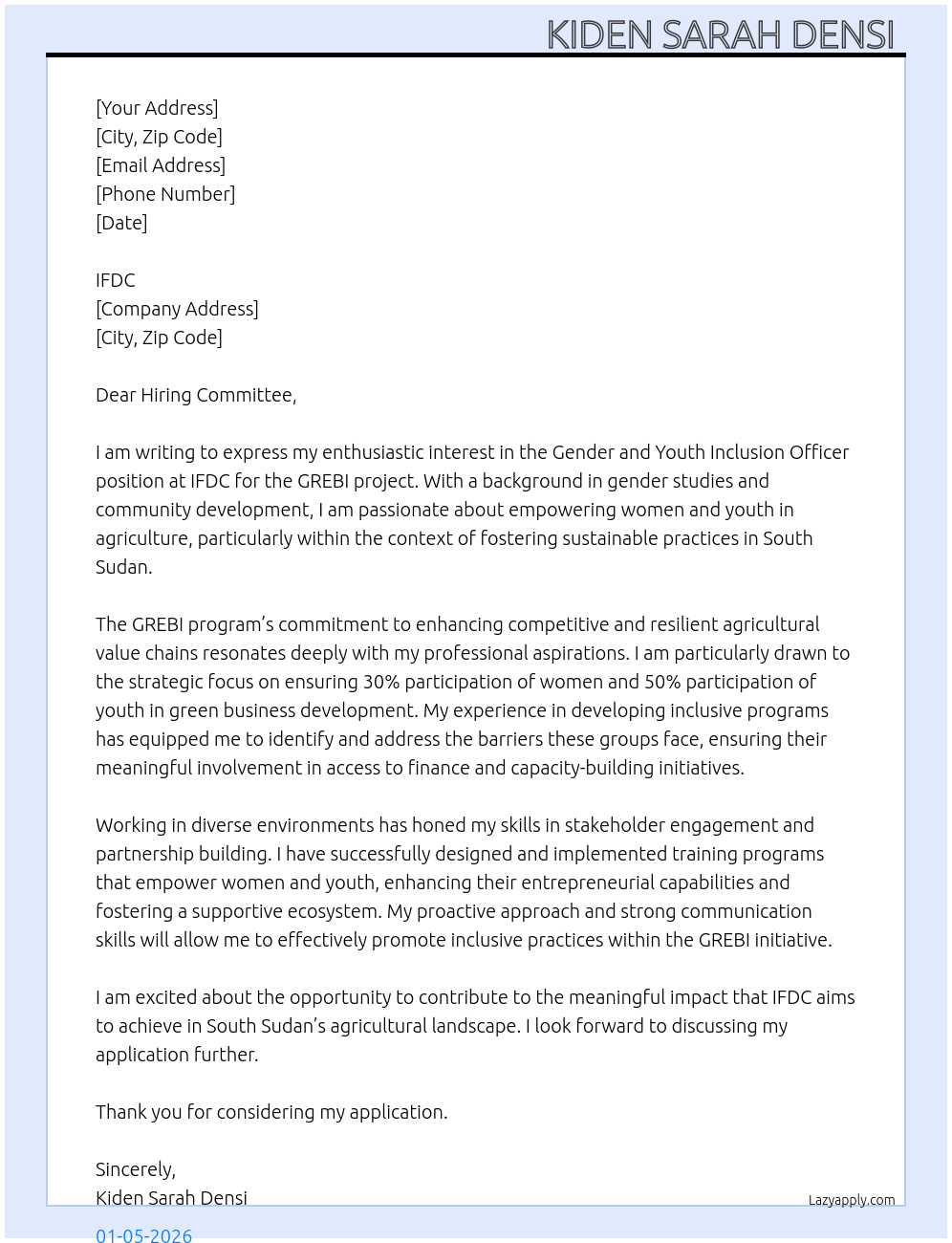 Cover letter for gender and youth inclusion - LazyApply