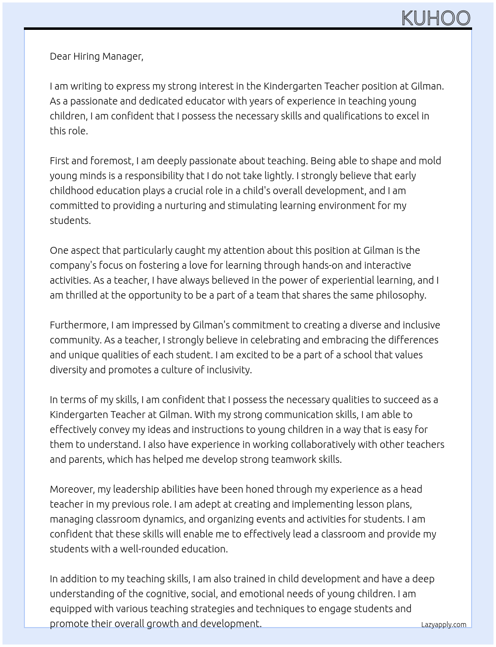 Cover letter for kindergarten teacher - LazyApply
