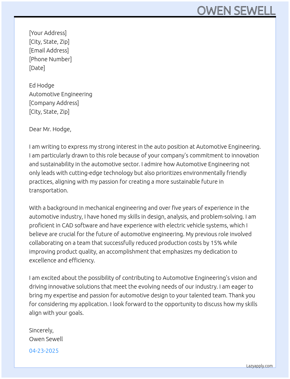 Cover letter for auto - LazyApply