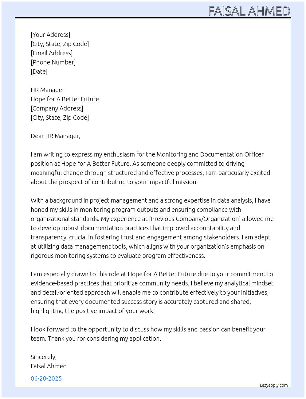 Cover letter for monitoring and documentation officee - LazyApply