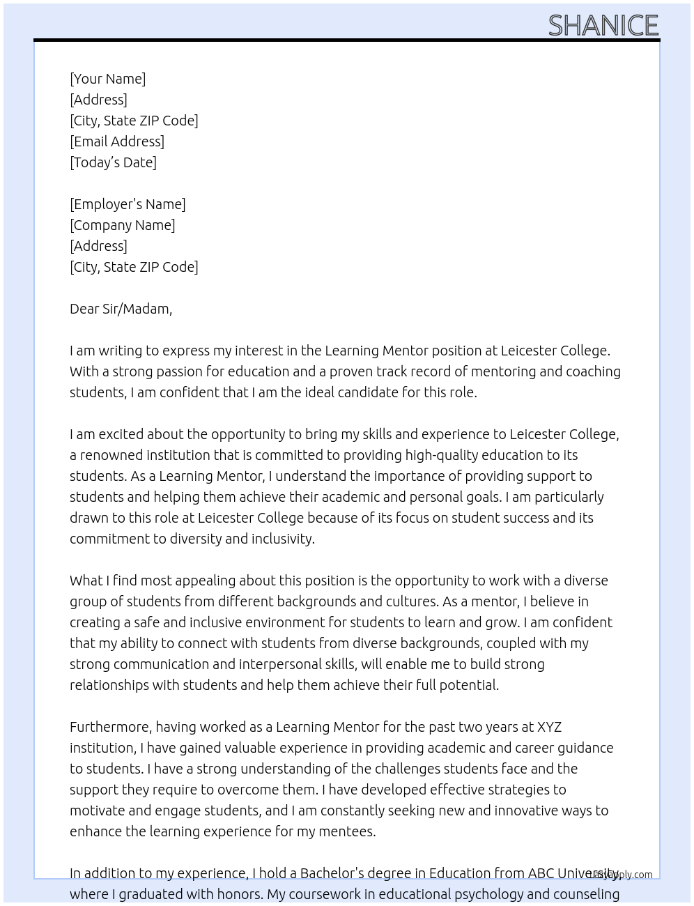 Cover letter for learning mentor - LazyApply