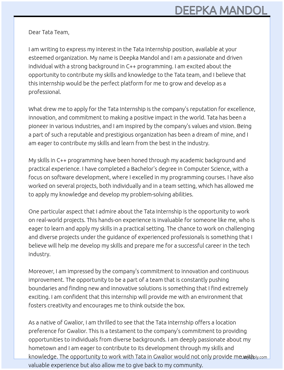 Cover letter for tata internship - LazyApply