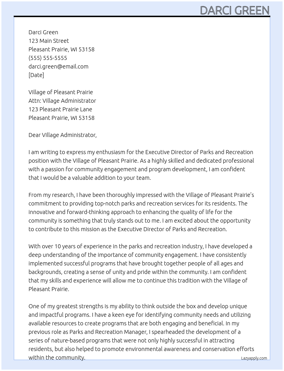 Cover letter for executive director of parks and recreation - LazyApply