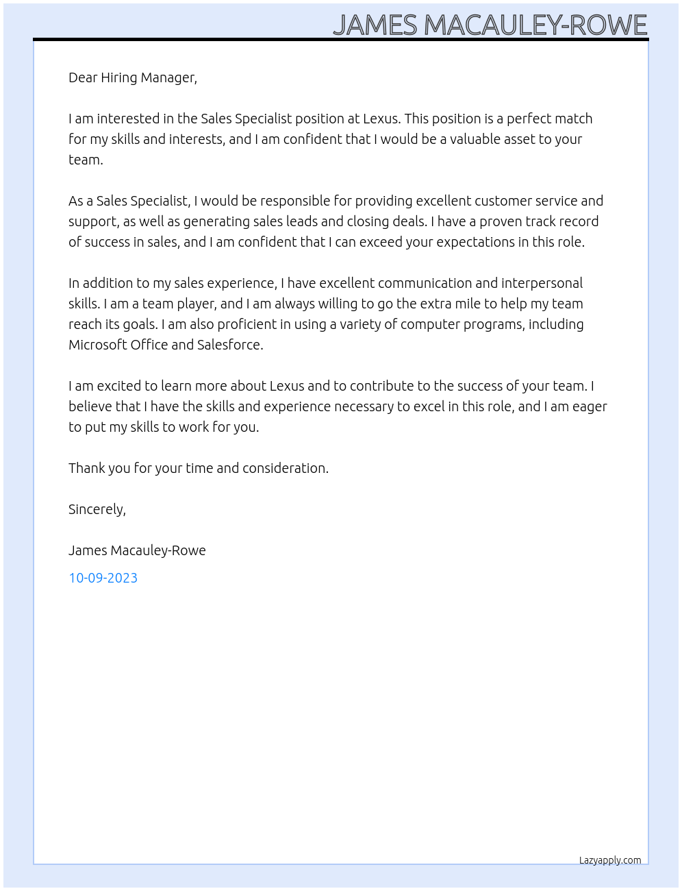 Cover letter for sales specialist - LazyApply