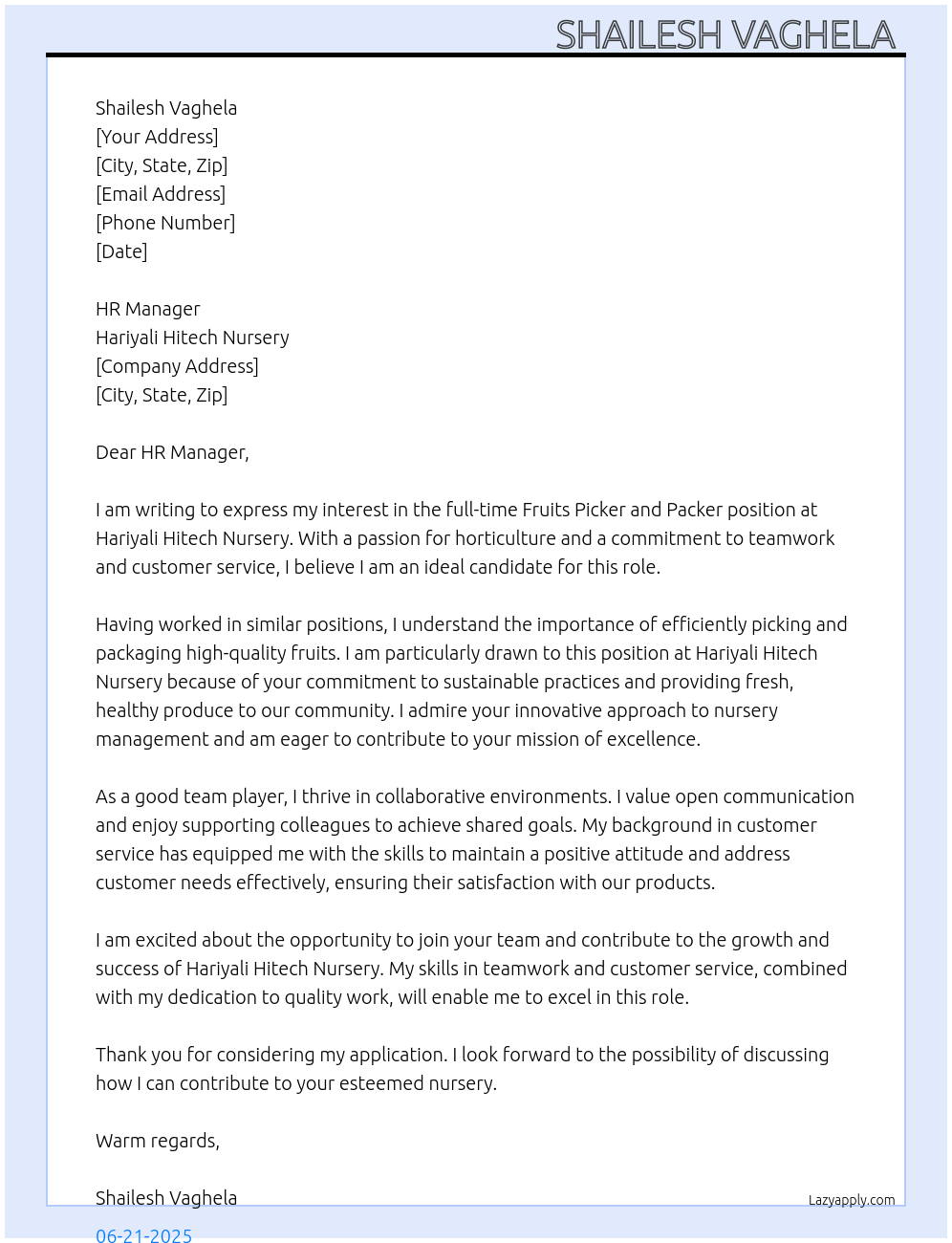 Cover letter for fruits pickers paking - LazyApply