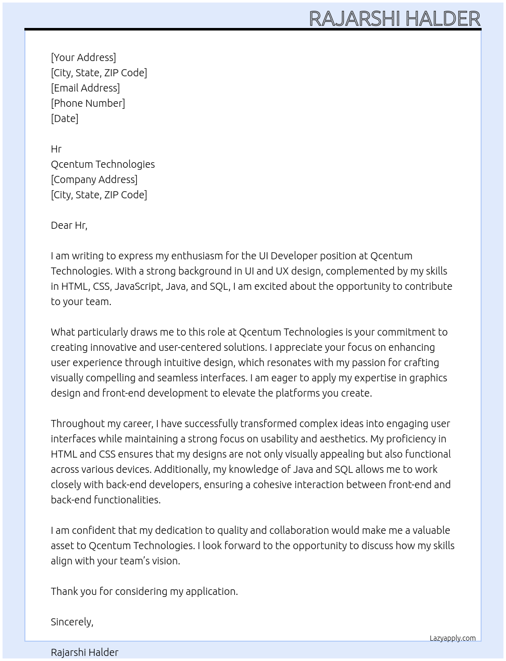 Cover letter for ui developer - LazyApply