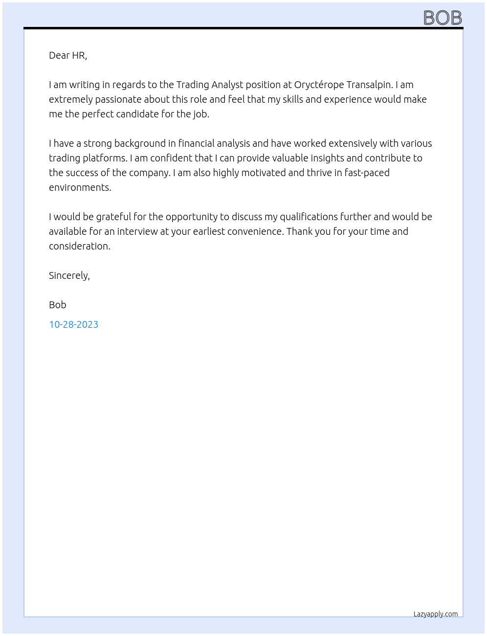 Cover letter for trading analyst - LazyApply