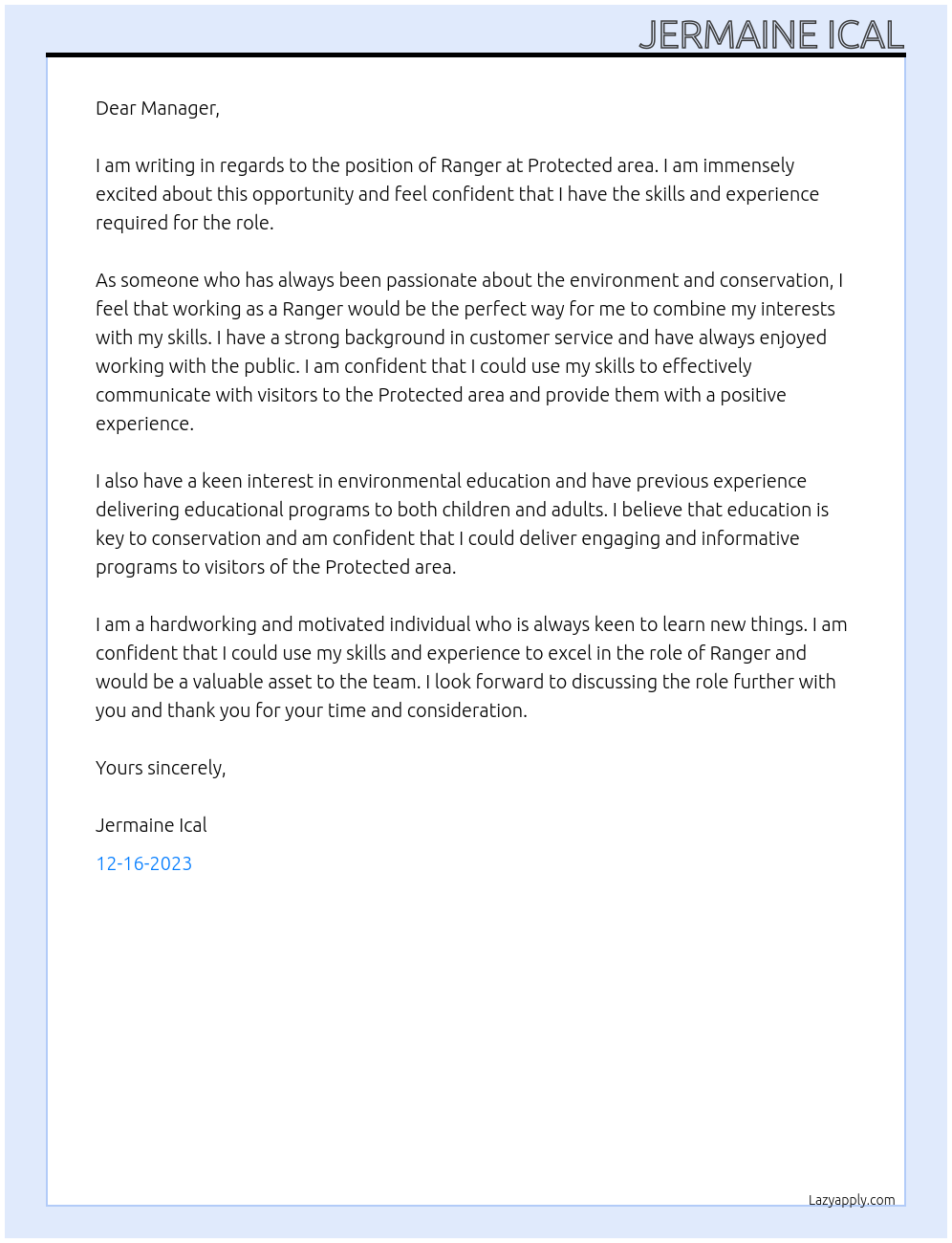 Cover letter for ranger - LazyApply