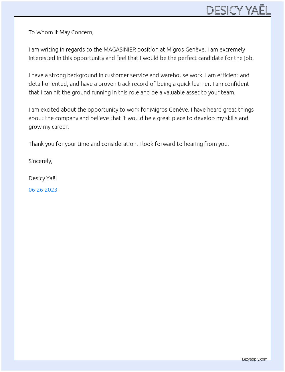 Cover letter for magasinier - LazyApply