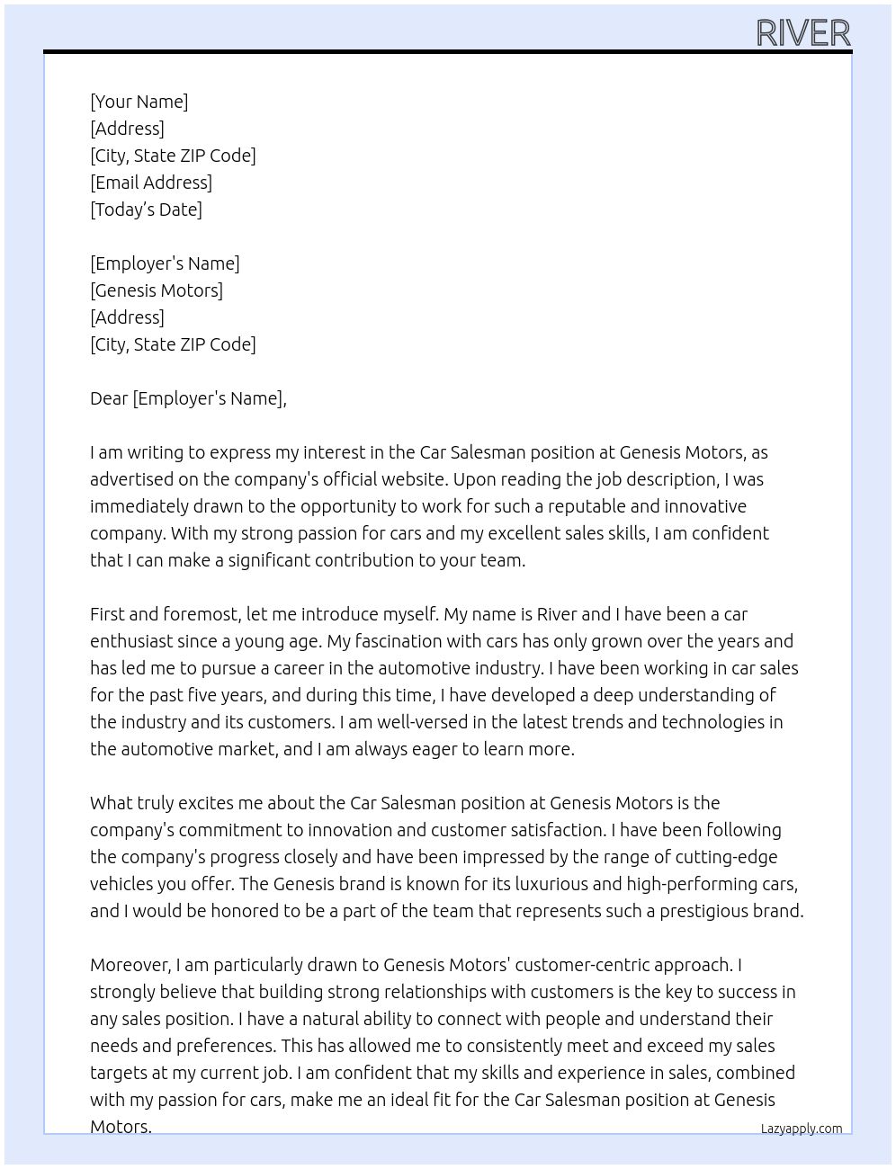 Cover letter for car salesman - LazyApply