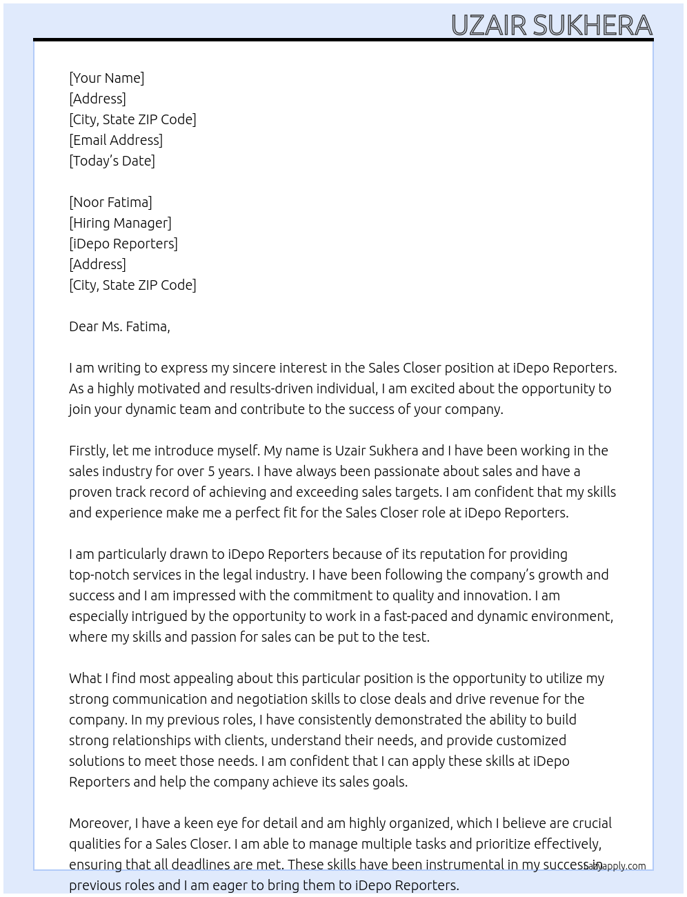 Cover letter for sales closer - LazyApply