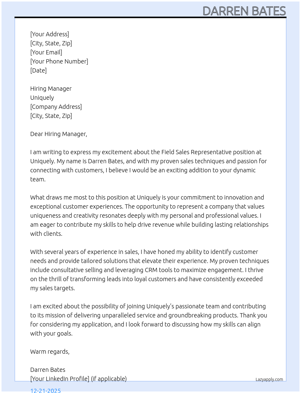 Cover letter for field sales represntative - LazyApply