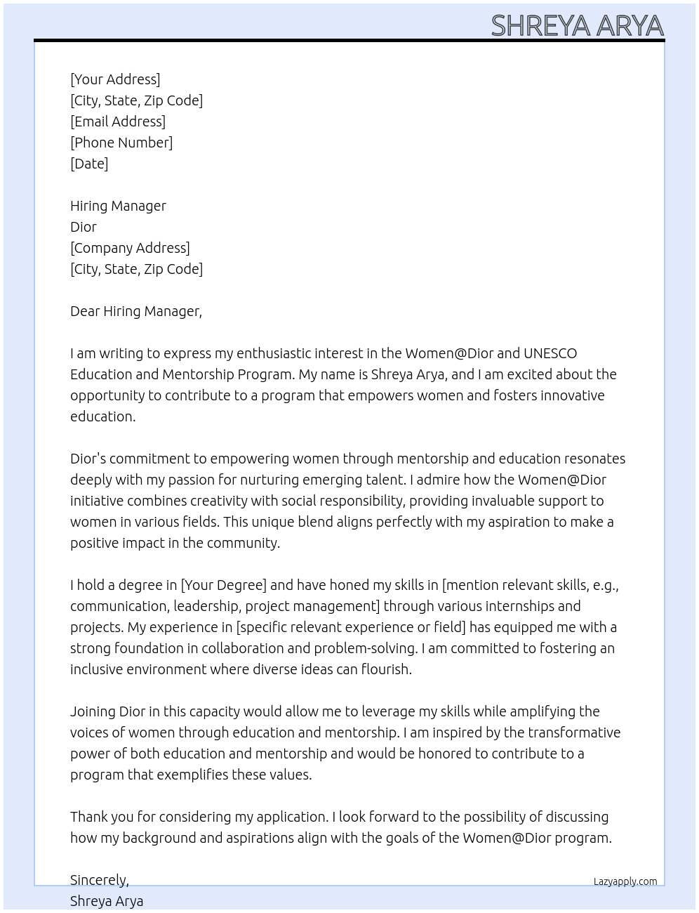 Cover letter for womens@dior and unesco education and mentorship ...