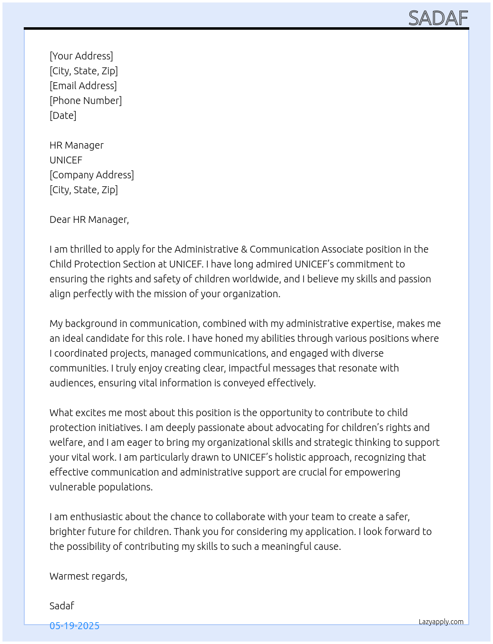 Cover letter for administrative & communication associate for child ...