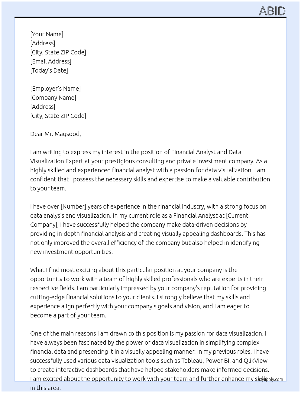 Cover letter for financial analyst and data visualization expert ...