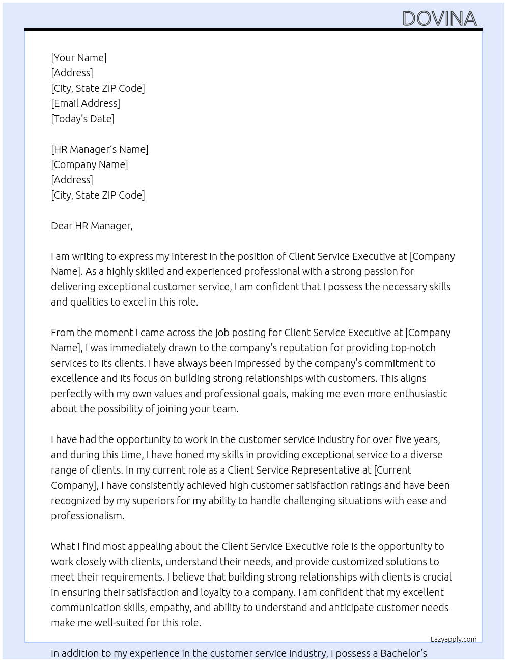 Cover letter for client service executive - LazyApply