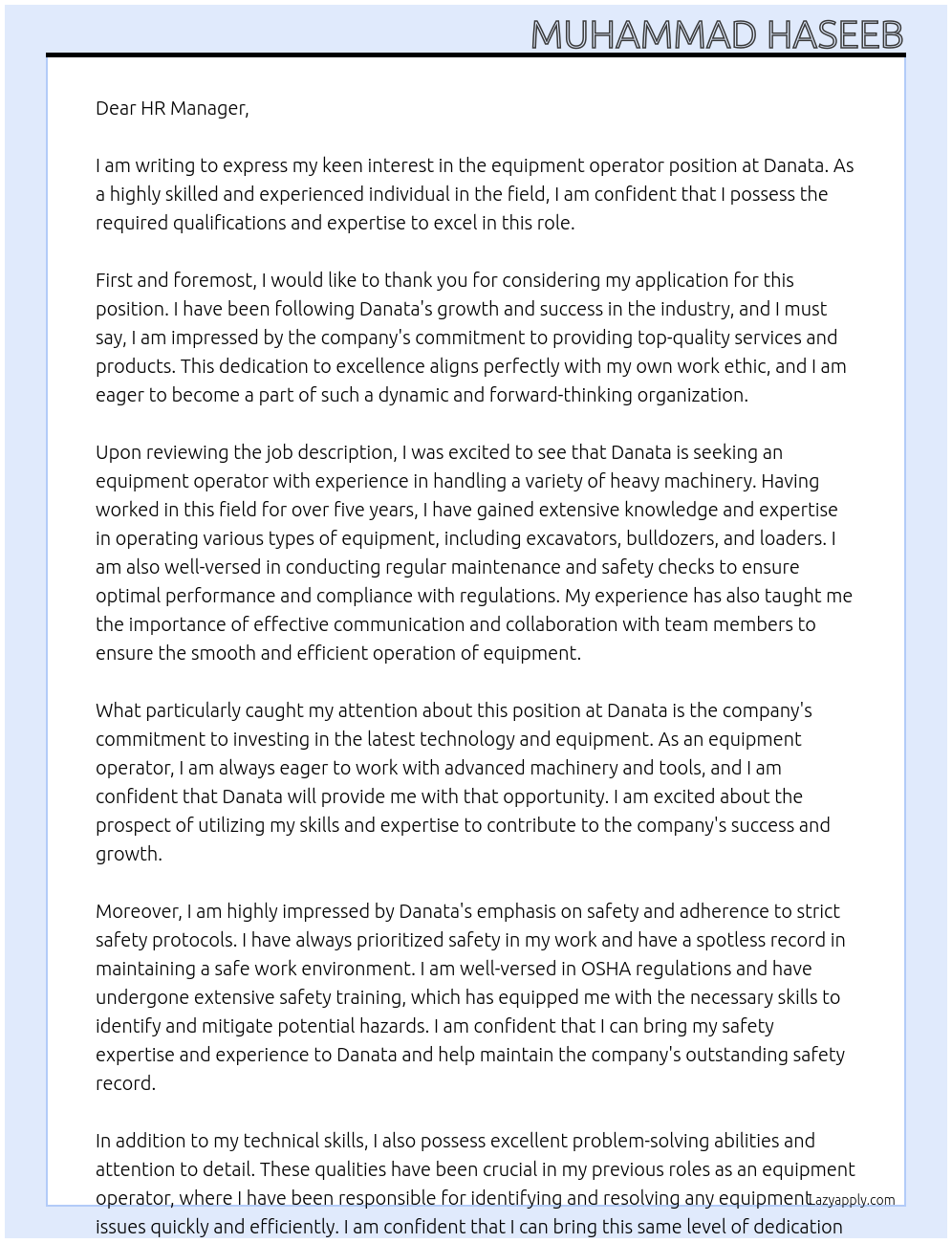 Cover letter for equipment operator - LazyApply