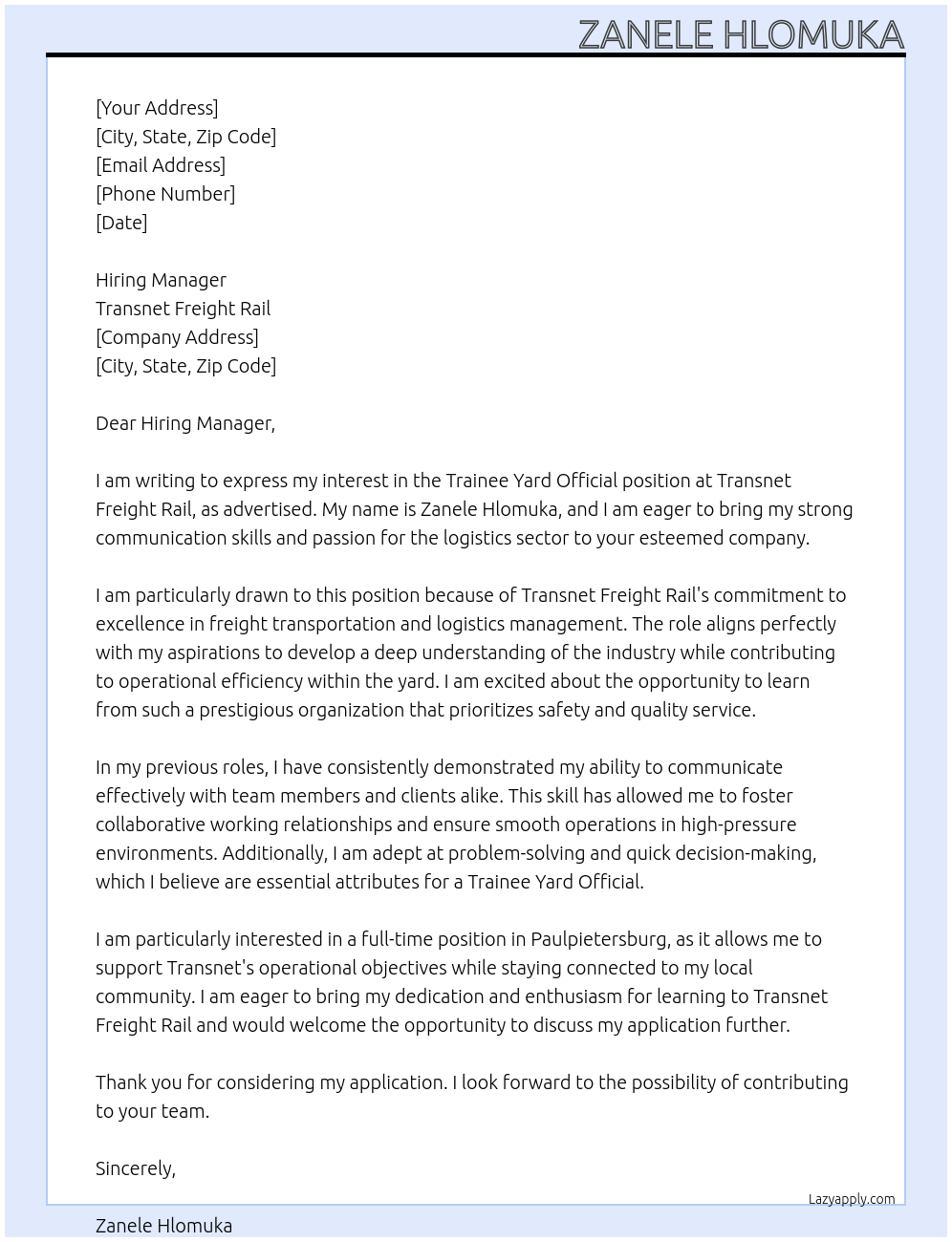 Cover letter for trainee yard official - LazyApply