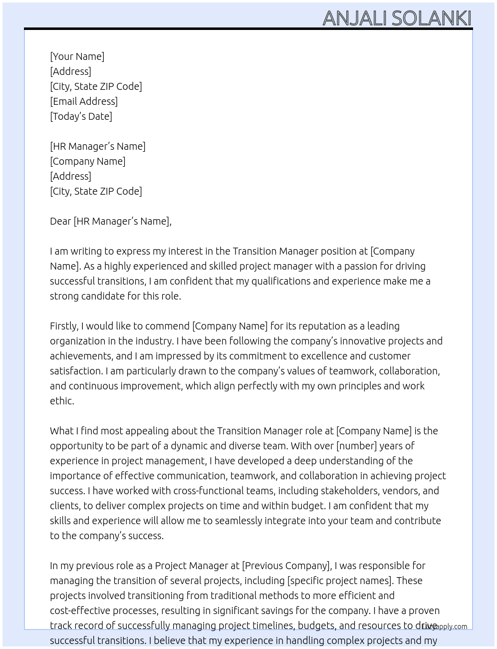 Cover letter for transition manager - LazyApply