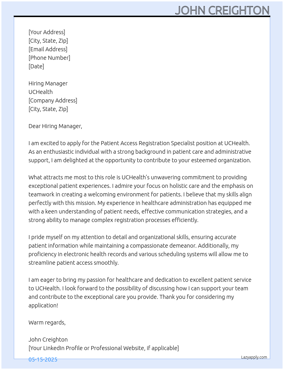 Cover letter for patient access registration specialist - LazyApply