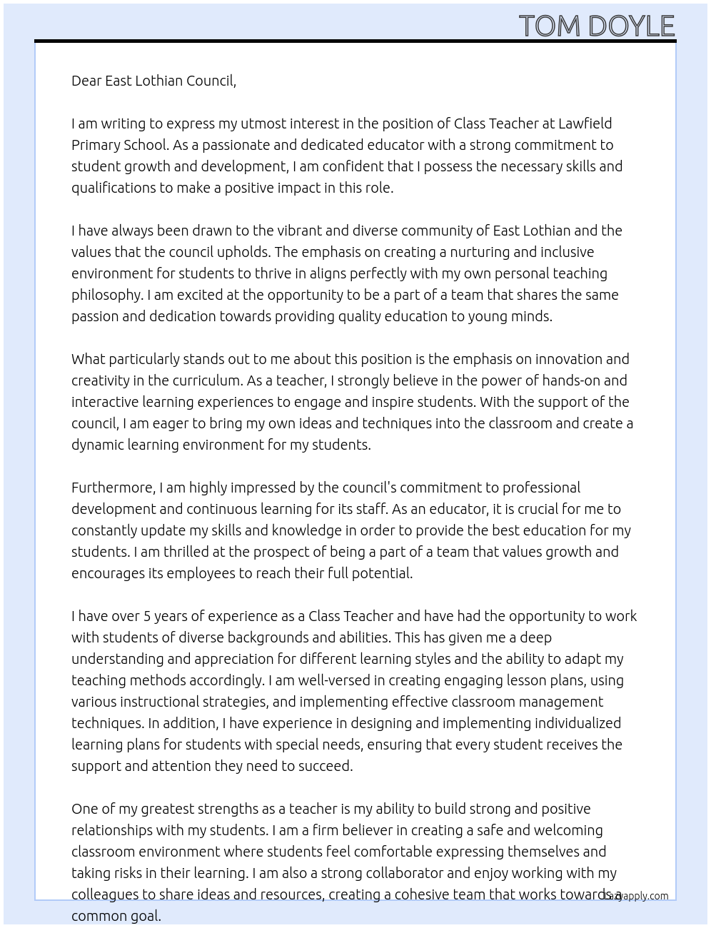 Cover letter for class teacher - LazyApply