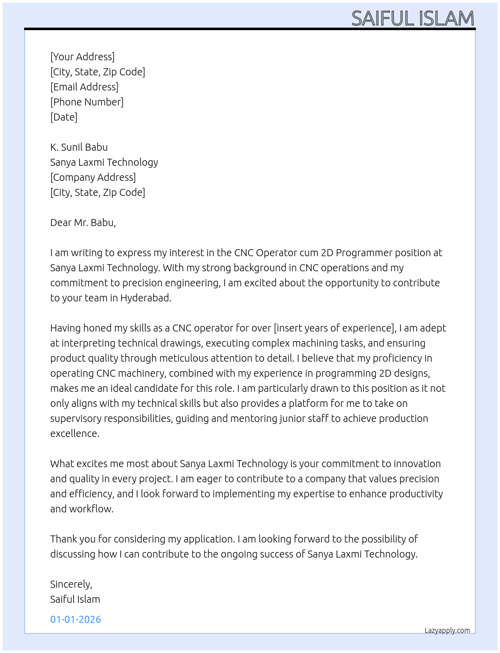 Cover letter for cnc operator cum 2d programmer - LazyApply