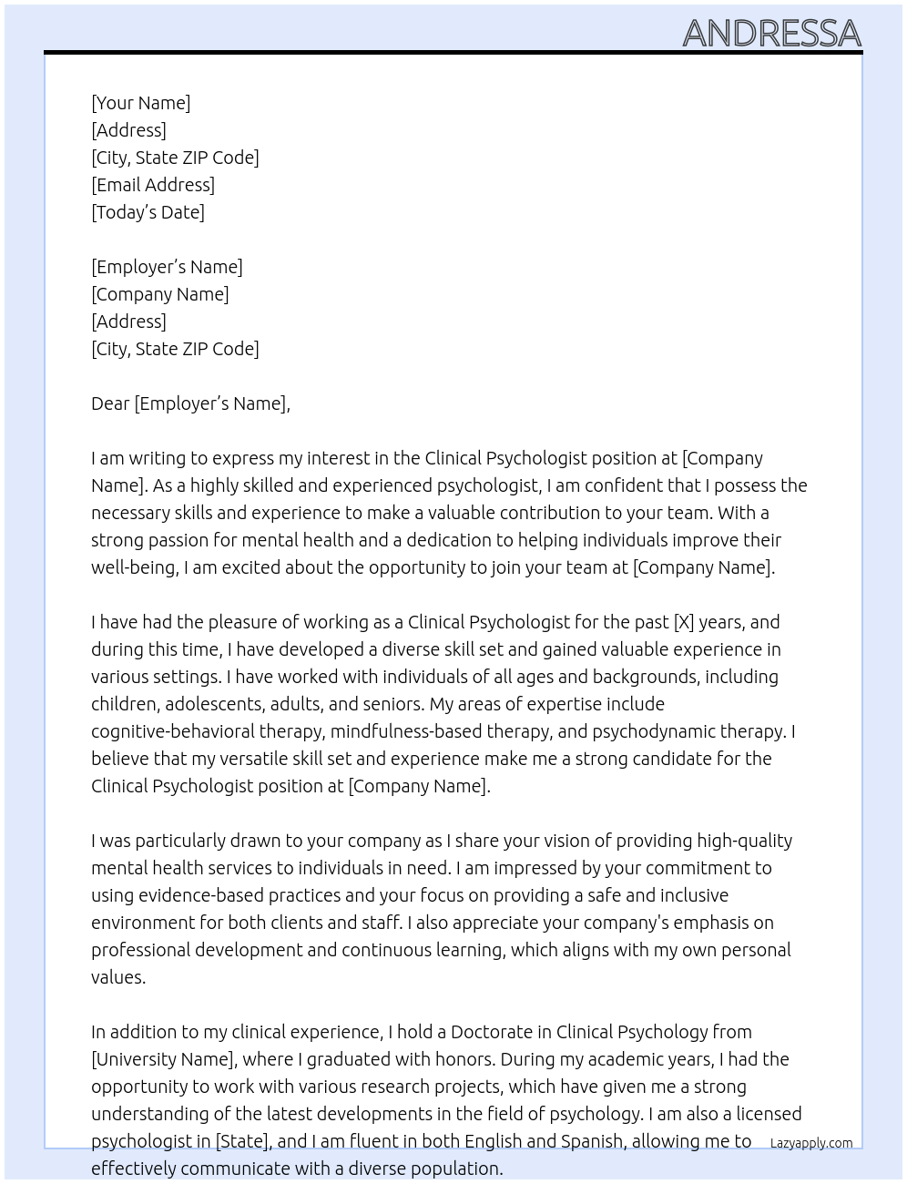 Cover letter for clinical psychologist - LazyApply