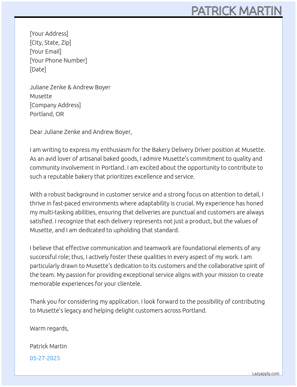 Cover letter for bakery delivery driver - LazyApply