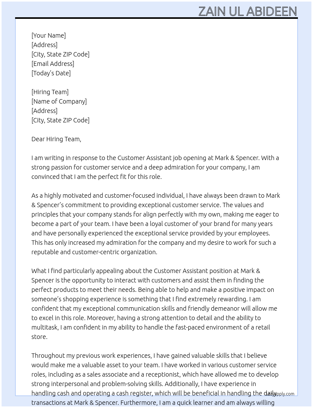 Cover letter for customer assistant job - LazyApply