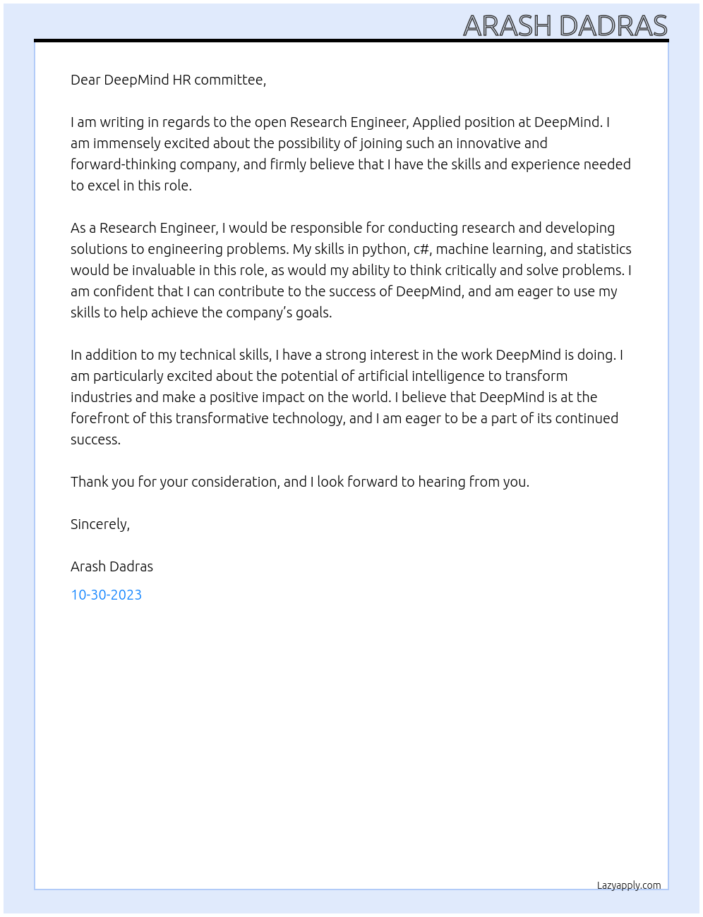 Cover letter for deepmind - LazyApply