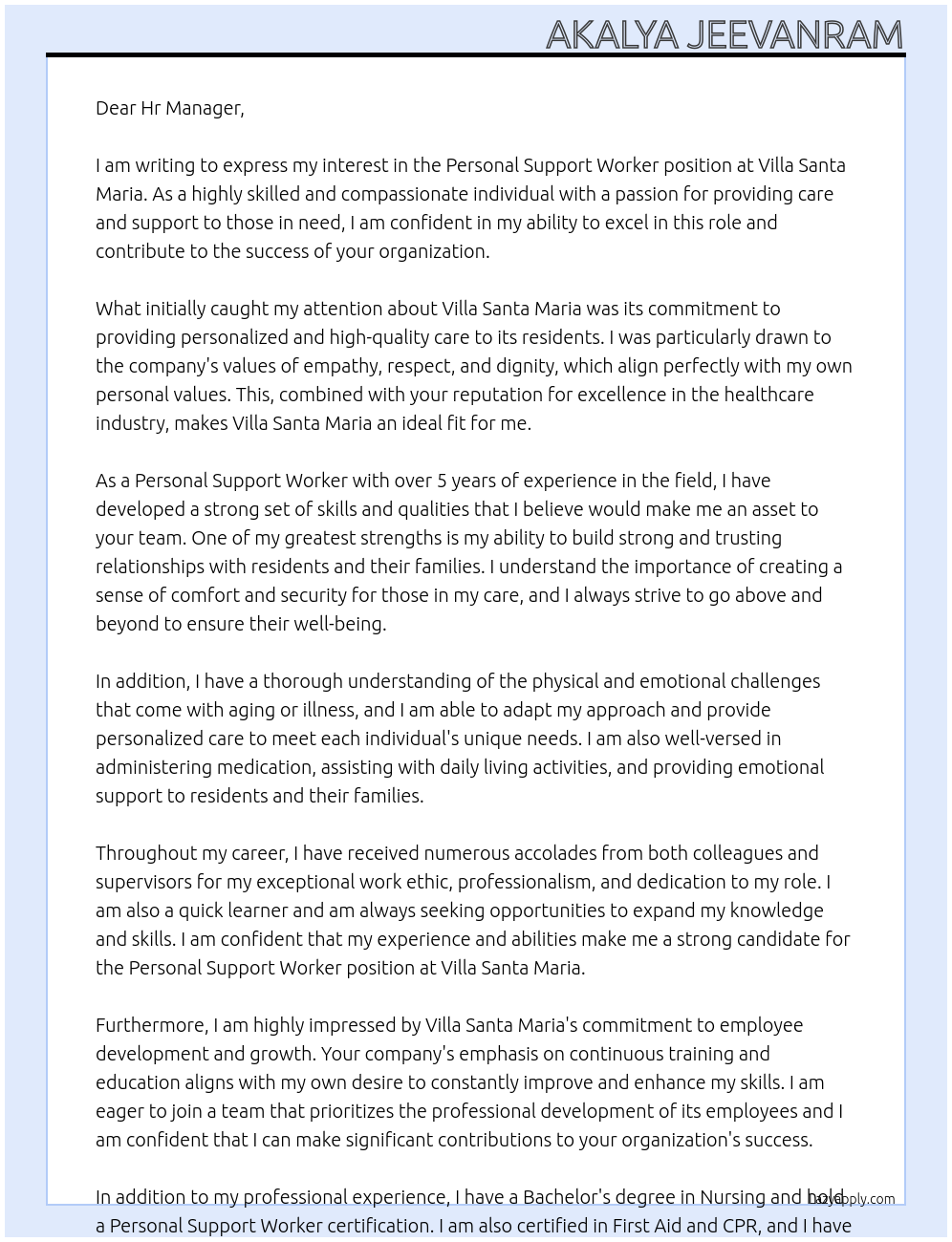 Cover letter for personal support worker - LazyApply