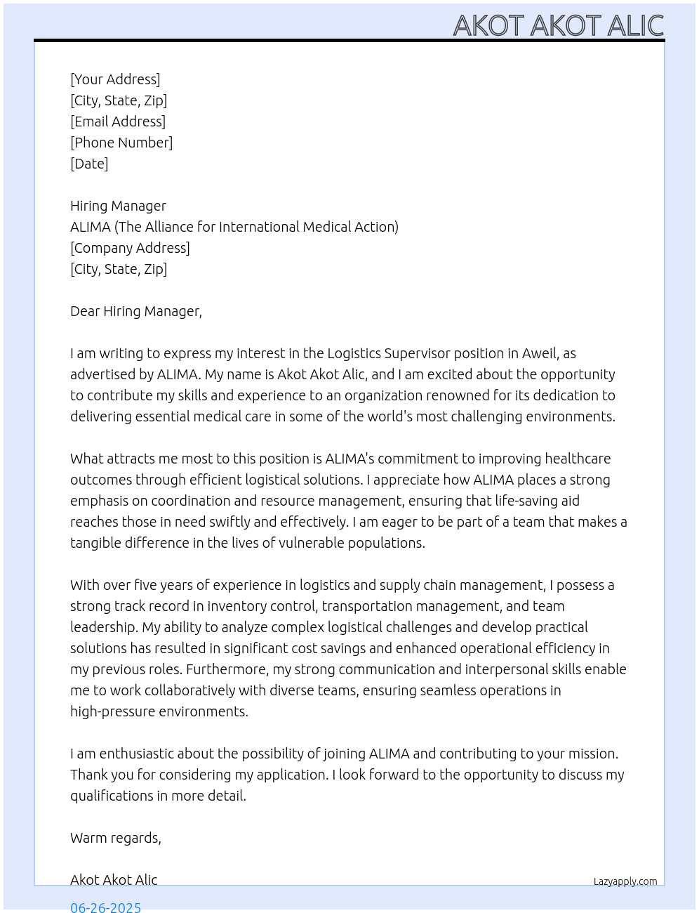 Cover letter for logistics supervisor -aweil - LazyApply