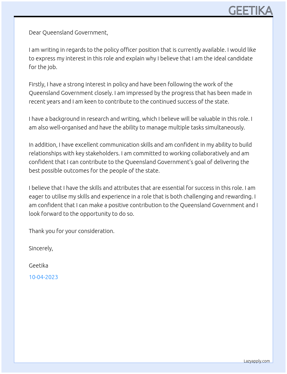 Cover letter for policy officer - LazyApply