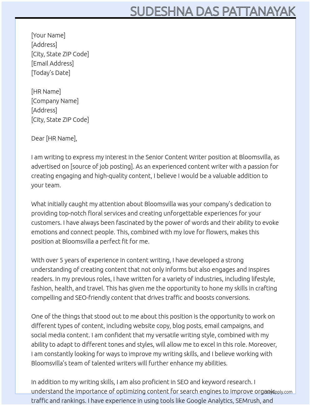 Cover letter for senior content writer - LazyApply