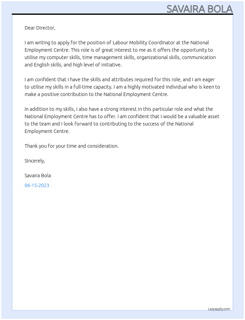 Cover letter for labour mobility coordinator - LazyApply