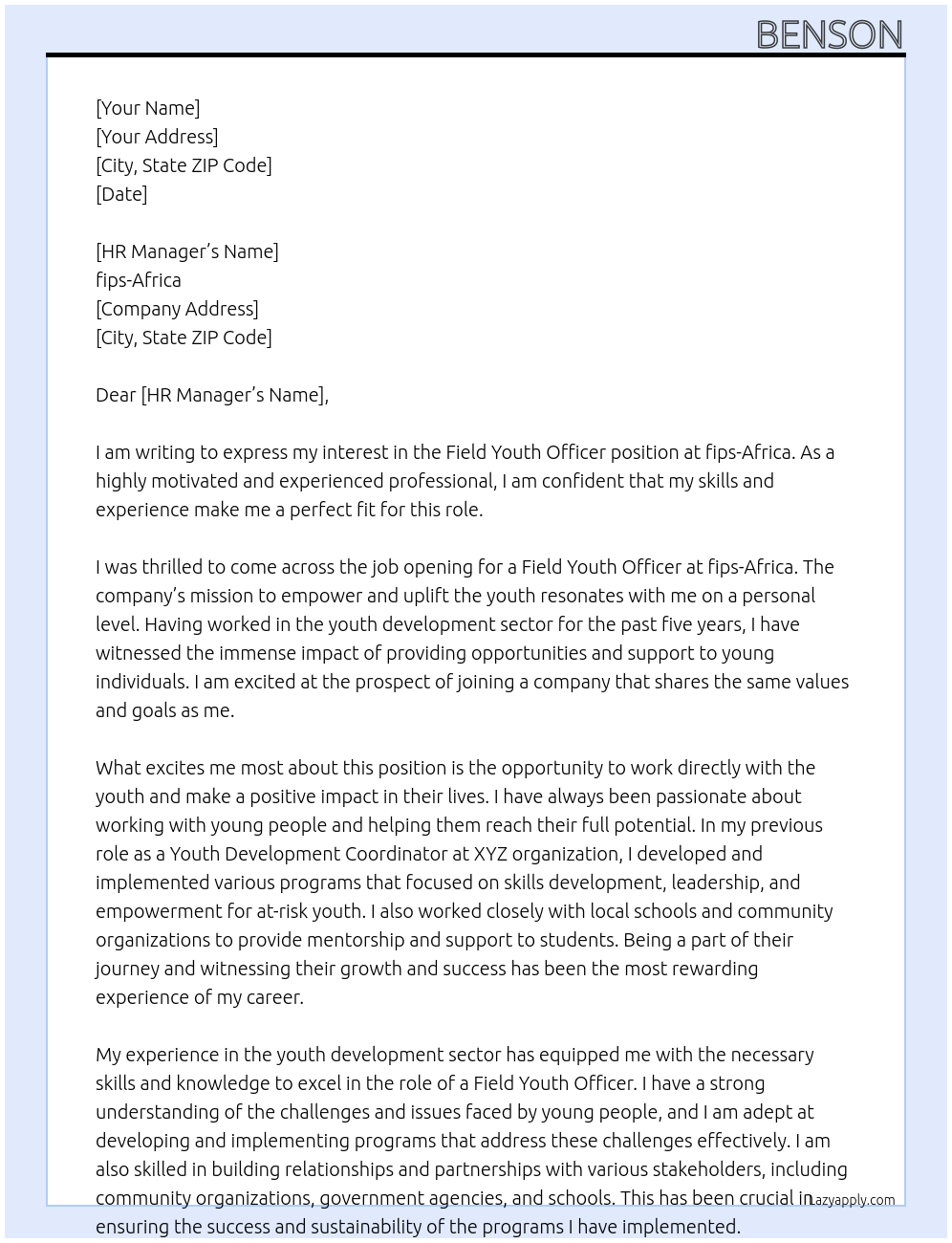 Cover letter for field youth officer - LazyApply