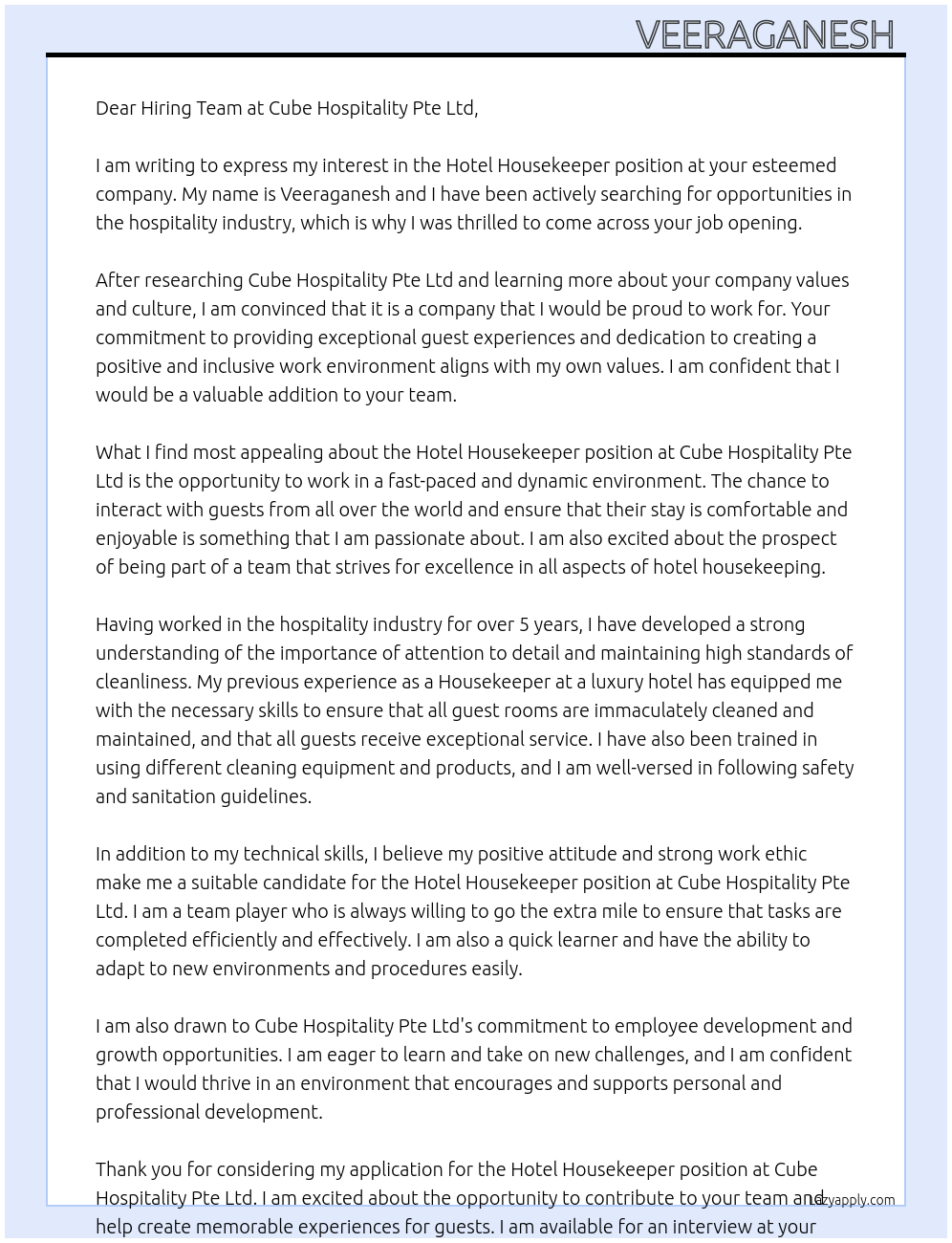 Cover letter for hotel housekeeper - LazyApply