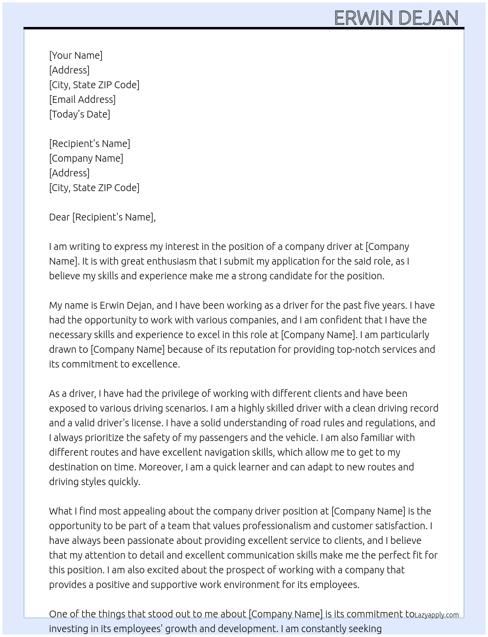 Cover letter for company driver - LazyApply