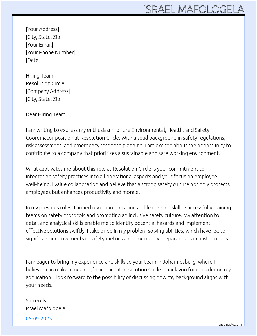 Cover letter for environmental, health and safety coordinator - LazyApply