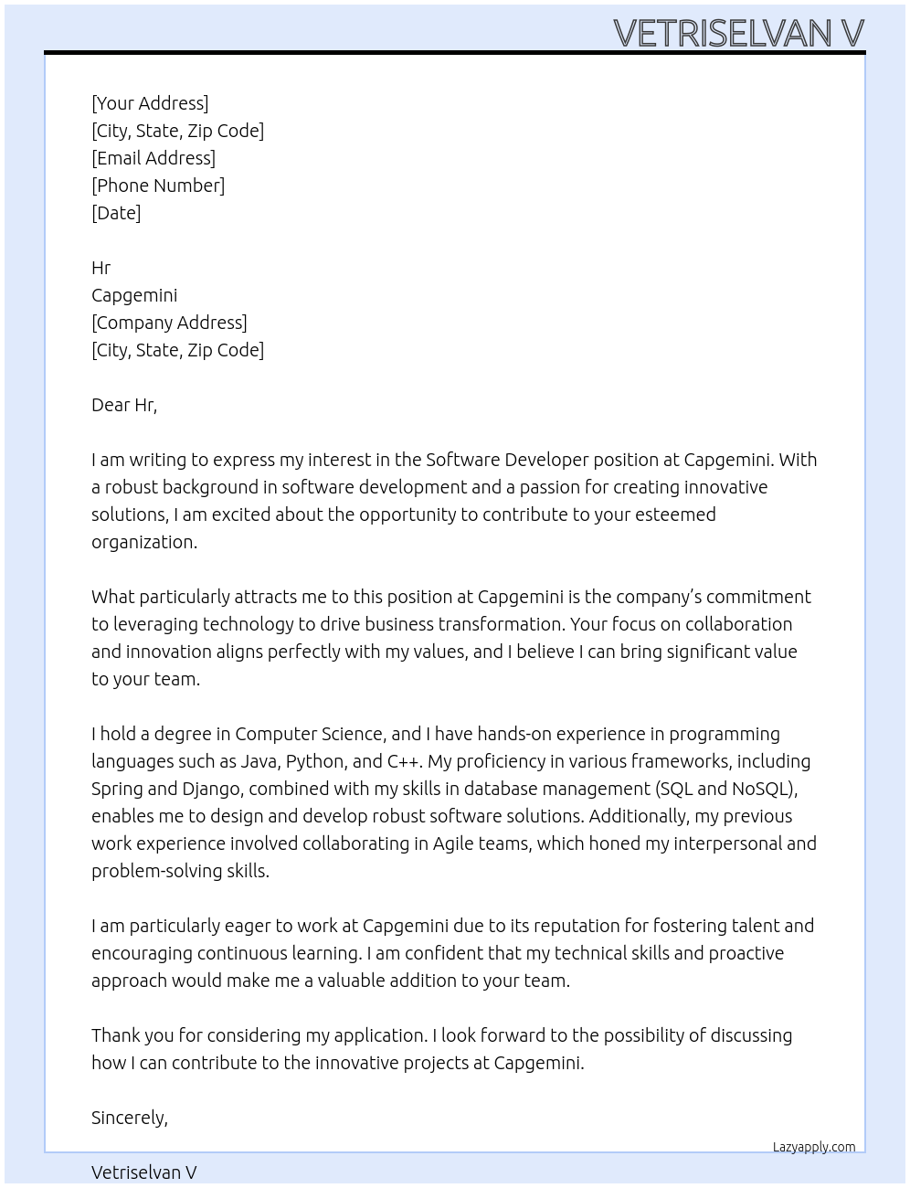 Cover letter for Capgemini - LazyApply