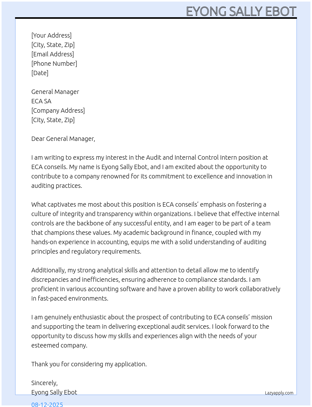 Cover letter for audit and internal control intern - LazyApply