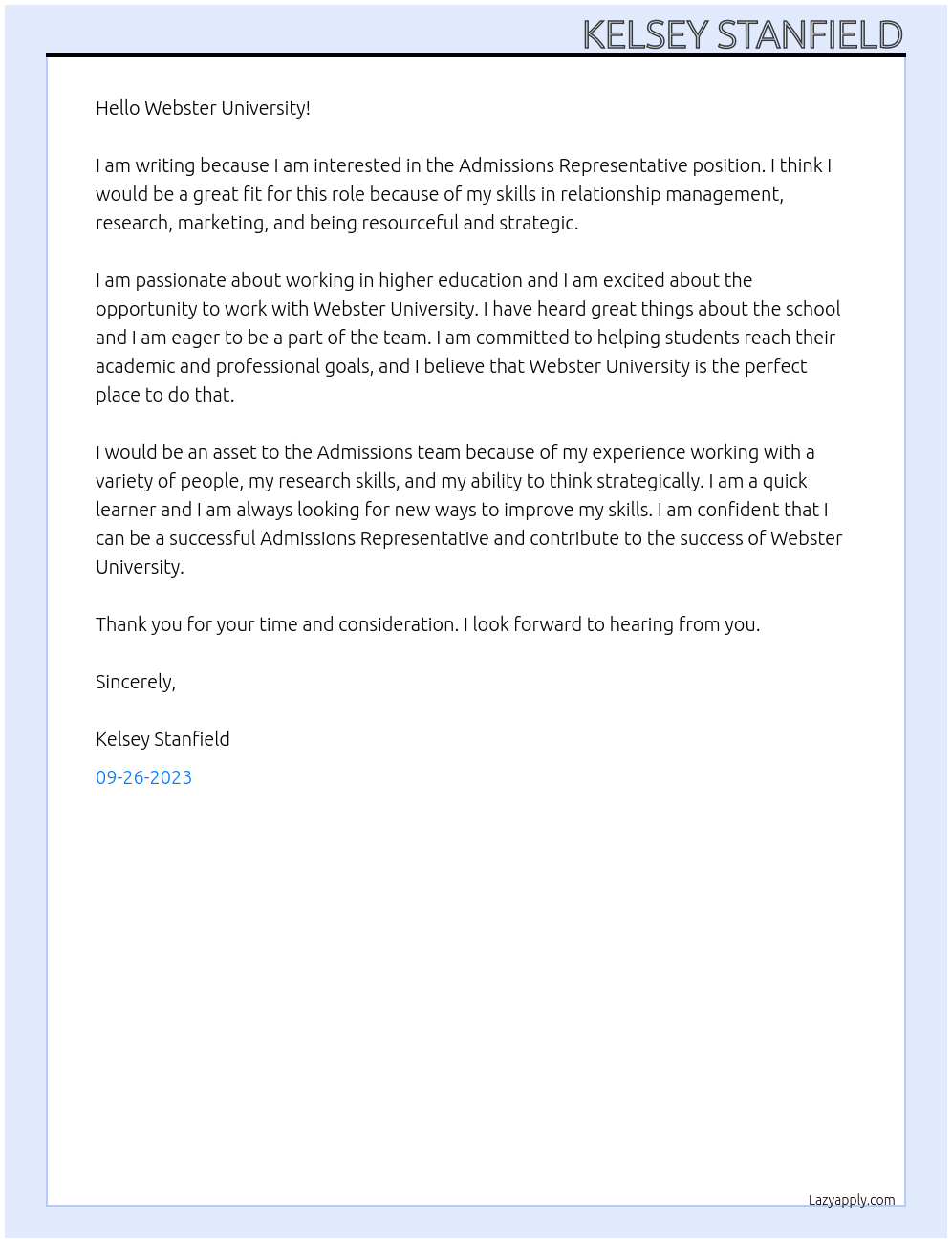 Cover letter for admissions representative - LazyApply
