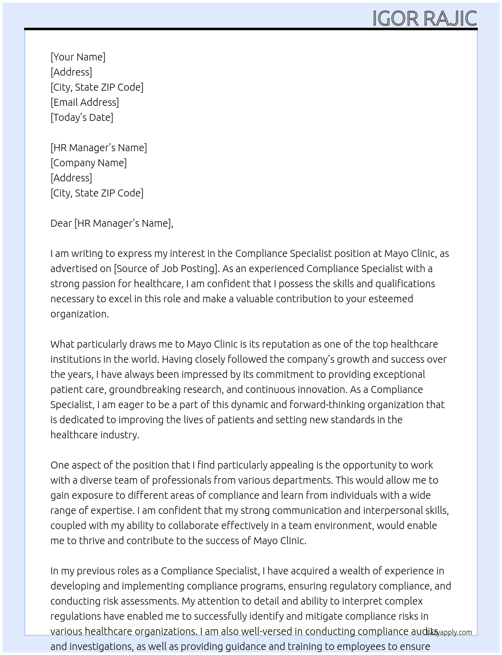 Cover letter for compliance specialist - LazyApply