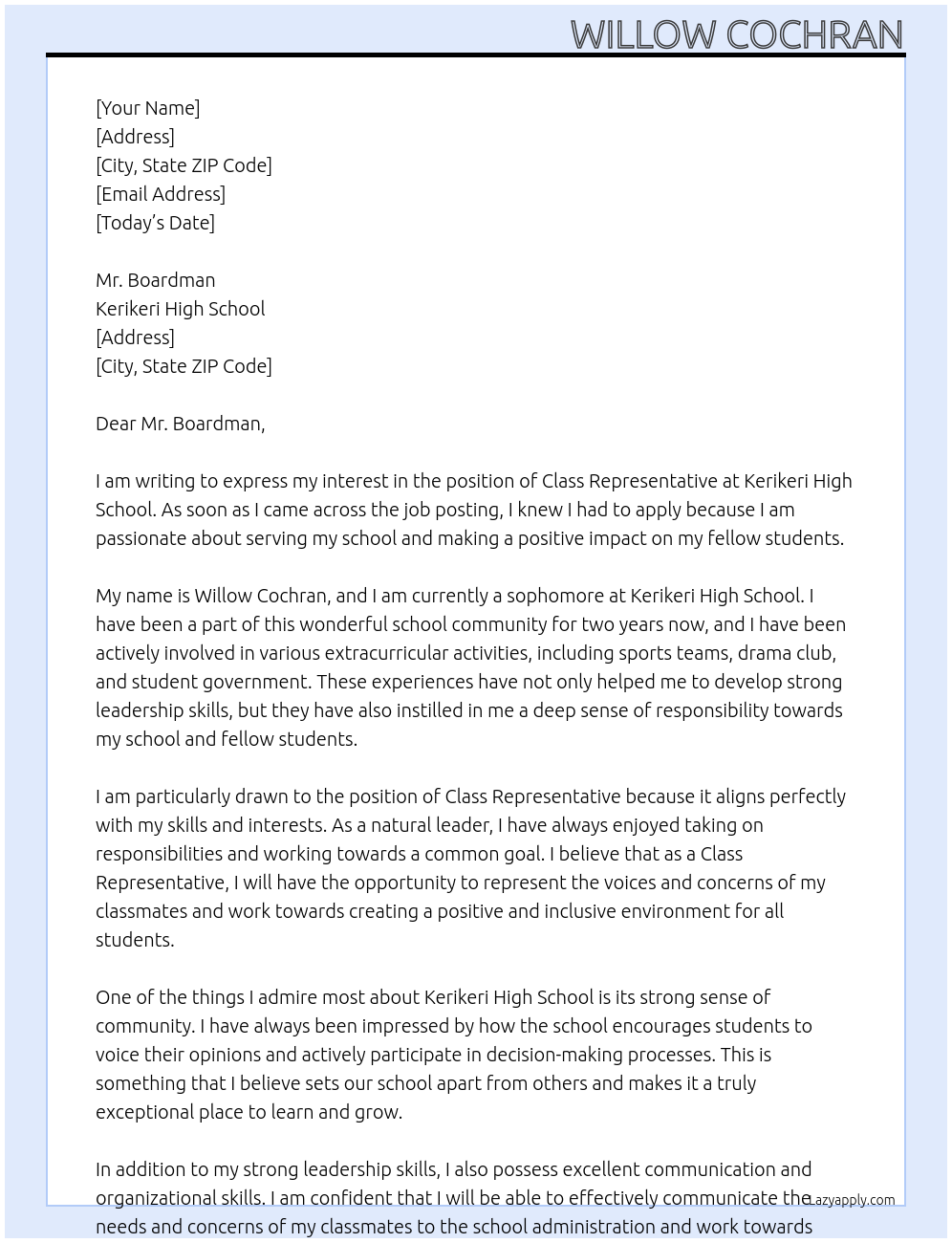 Cover letter for class representative - LazyApply