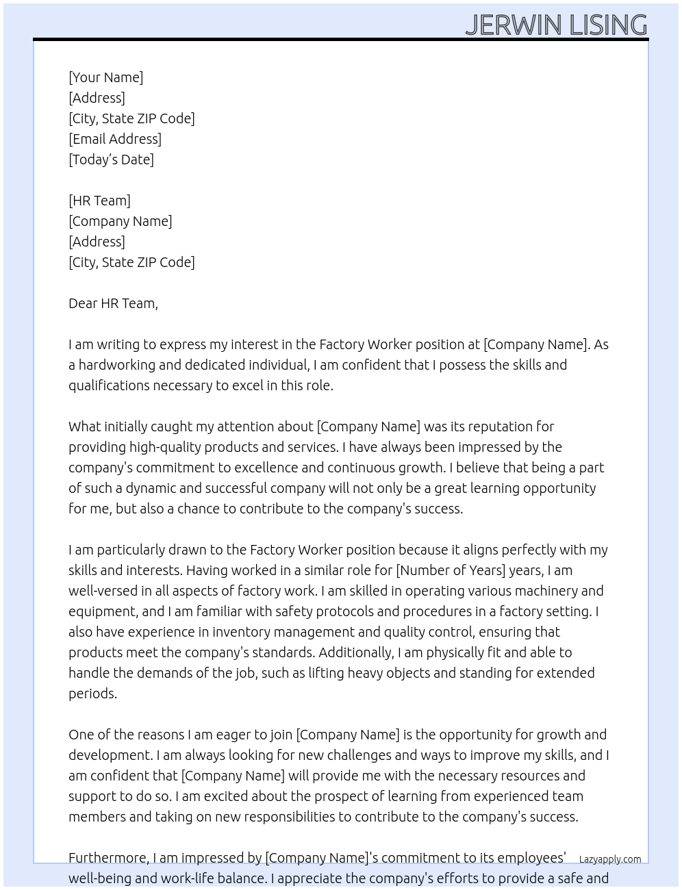 Cover letter for factory worker - LazyApply